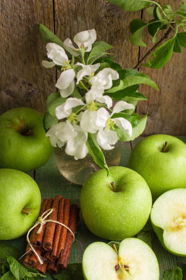 Green Apples, Mint and Cinnamon on the Table Stock Image - Image of ...