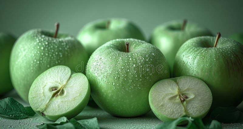 Green Apples and Mint Leaves on Green Background Stock Image - Image of ...