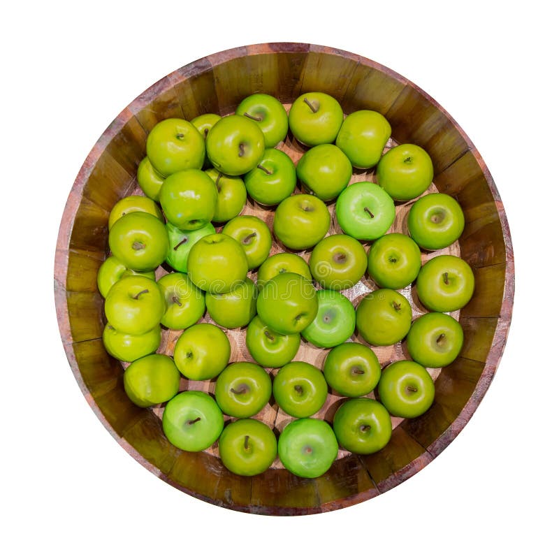 Green Apples in a Wooden Barrel Isolated on White Background. Top View ...
