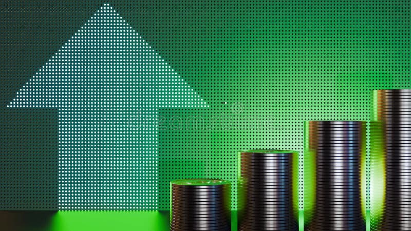 Green Arrows Pointing Up on an LED Screen and Stack of Coins Stock ...