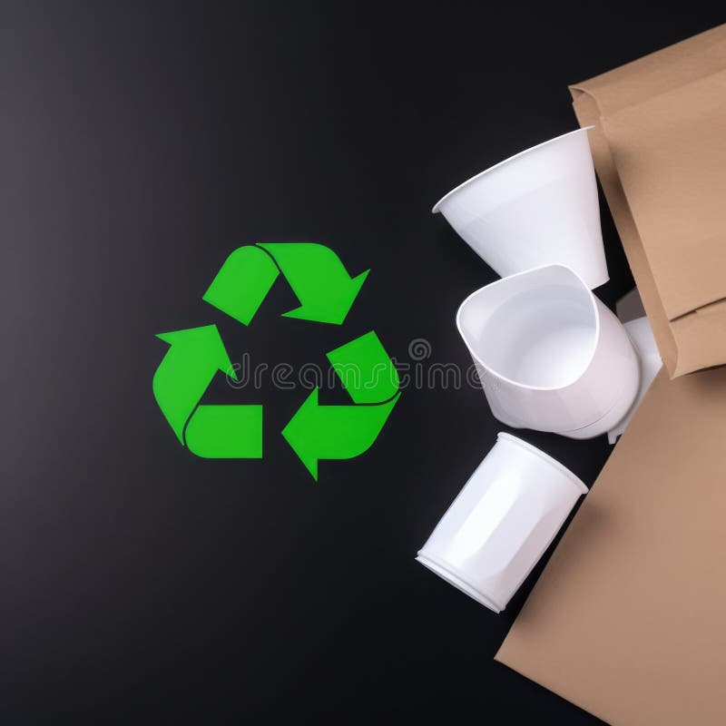 Green Arrows Recycling Sign and Paper on Black Background, Created ...