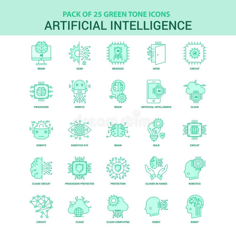 25 Green Artificial Intelligence Icon Set Stock Vector - Illustration ...