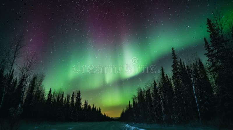 Green Aurora Borealis in Northern Light Forests Trees and Sky Landscape ...