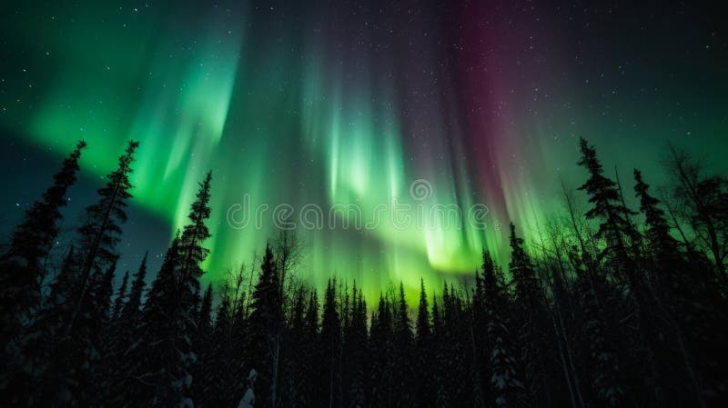 Green Aurora Borealis in Northern Light Forests Trees and Sky Landscape ...