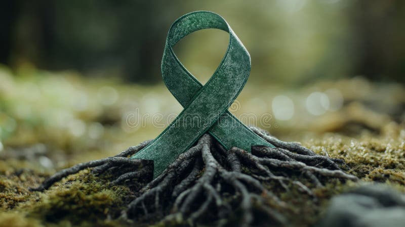 Green Awareness Ribbon Growing from Roots in Mossy Forest Stock ...