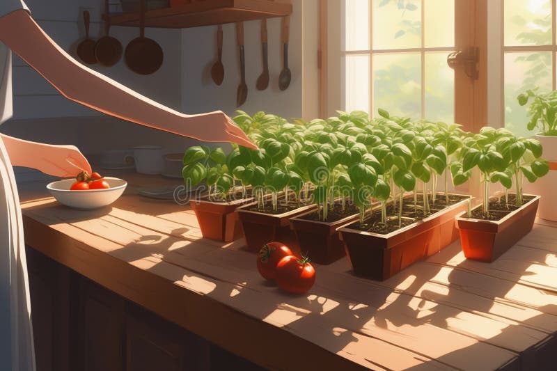 Green Baby Basil Plant Grow Up in Kitchen Stock Photo - Image of view ...