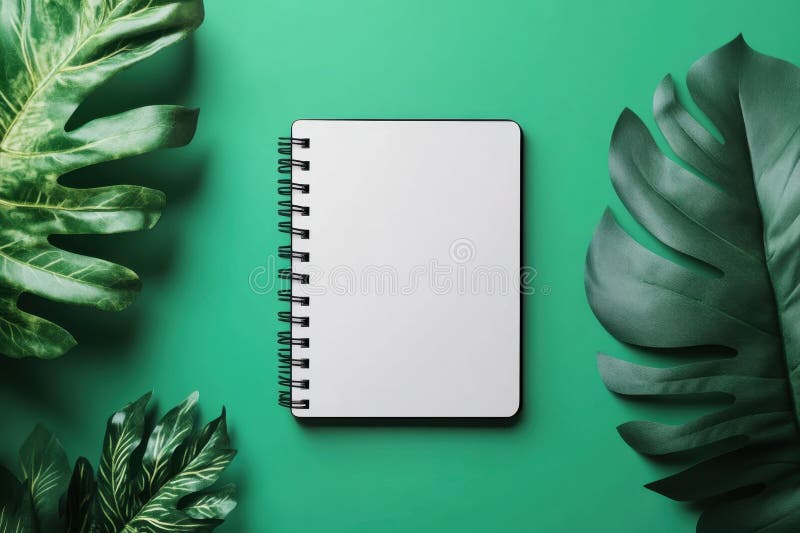 Green Backdrop Features a Blank Notepad Surrounded by Lush Tropical ...