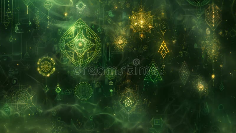 A Green Backdrop Filled with Mysterious Symbols of Different Shapes and ...