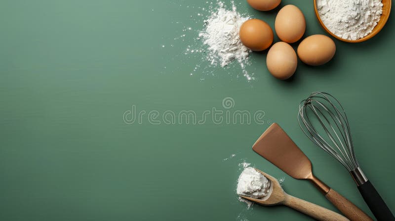 Green Background for Baking, Flour, Eggs, Whisk, Cake Spatula. Empty ...