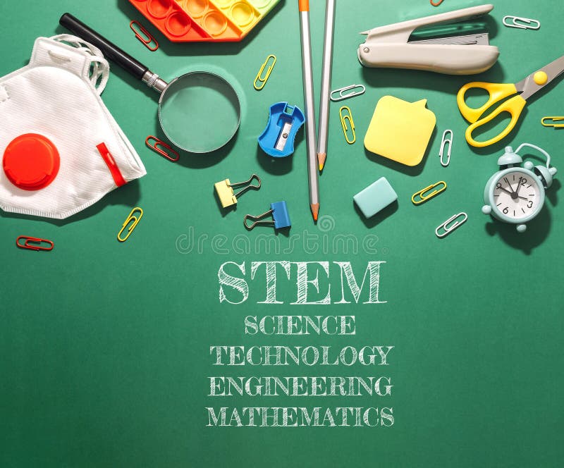A Green Background with a Bunch of School Supplies and the Words STEM ...