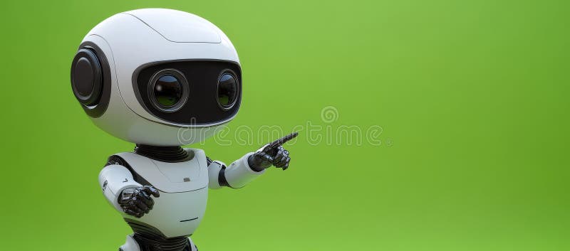 On a Green Background, a Cute Mini Robot Points To the Copy Space with ...