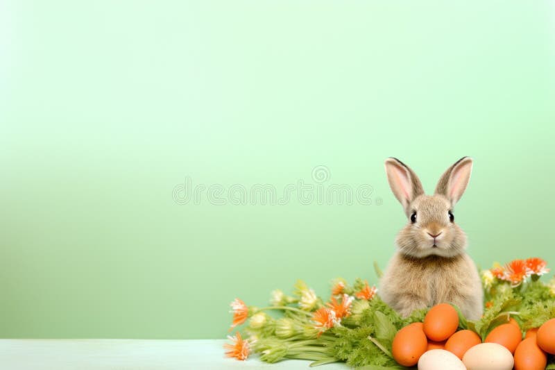 Green Background with a Cute and Whimsical Easter Bunny in the Center ...