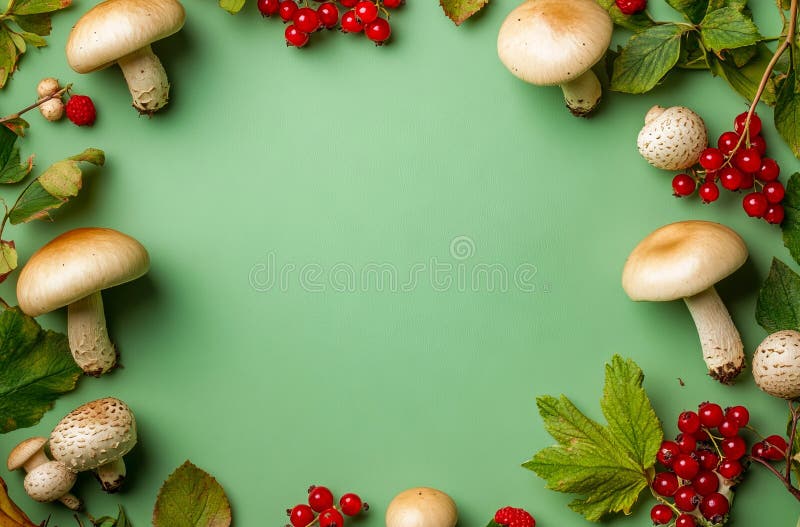 A Green Background with Mushrooms Leaves and Berries Stock Image ...