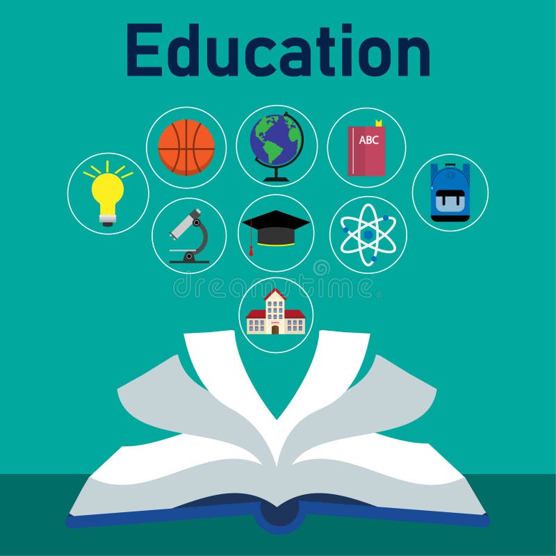 Green Background with Open Book with Elements Education Icons Floating ...