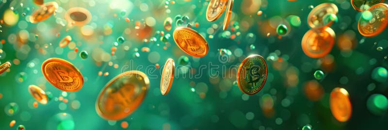 A Green Background with Green and Orange Coins Floating in the Air ...