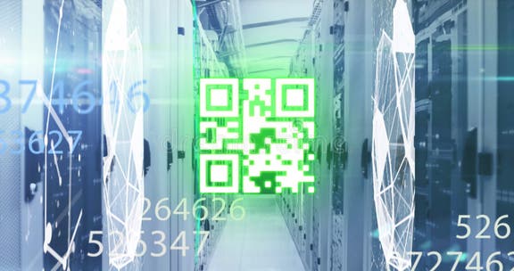 Green Background QR Code Floating in Front of Server Racks in Data ...