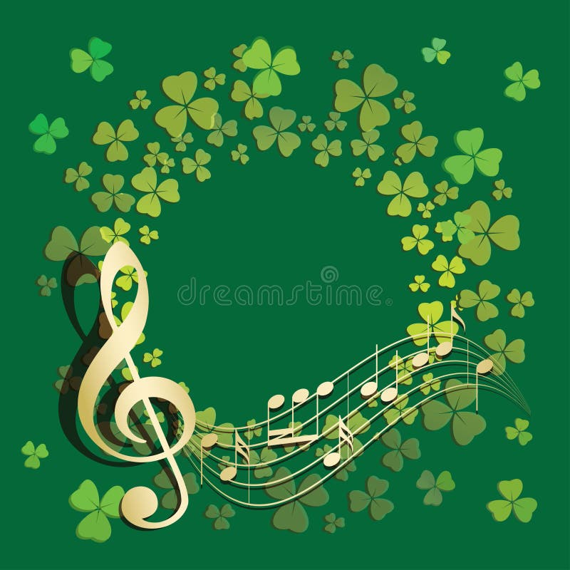 Green Background with Round Frame and Music Notes. Green Clover Leaves ...