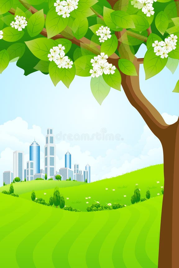 Green Background with Tree and Modern City Stock Vector - Illustration ...