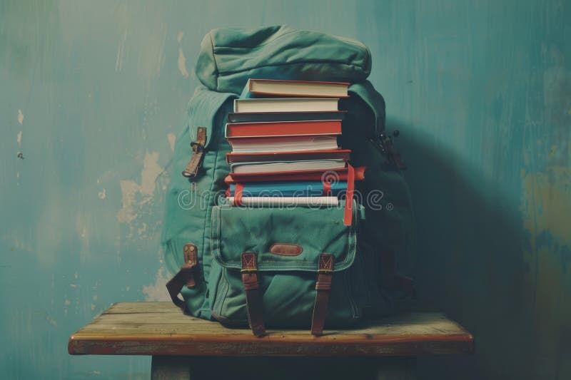 A Green Backpack Filled with School Supplies Resting on a Wooden Table ...