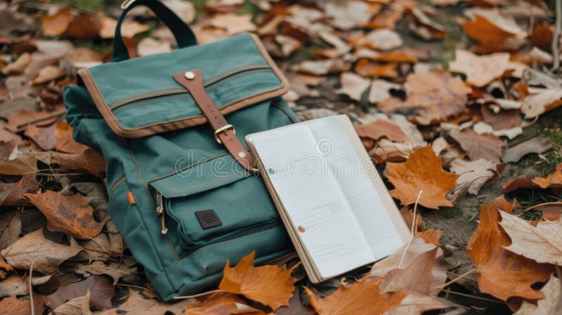 A Green Backpack and Notebook Lay among Fallen Autumn Leaves on the ...
