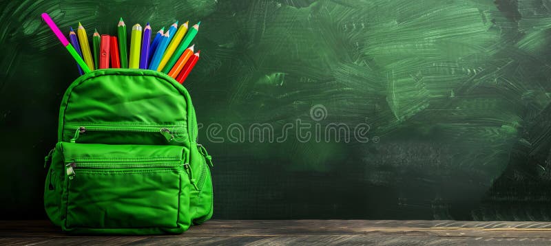 Green Backpack Overflowing with Colorful Pencils and Crayons Against a ...
