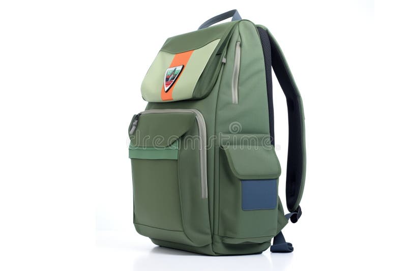 Green Backpack with Side Pockets, Profile View on White Surface Stock ...