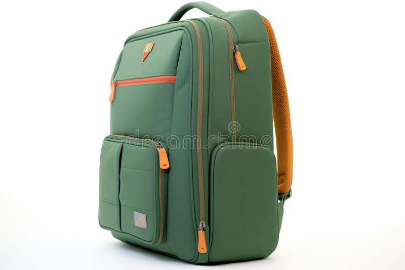 Green Backpack with Side Pockets, Profile View on White Surface Stock ...