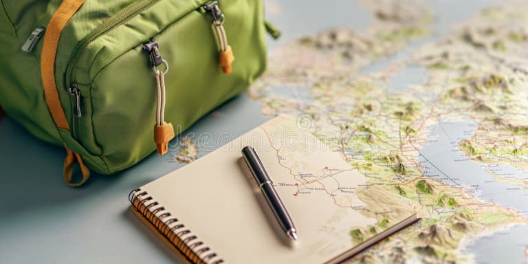A Green Backpack Sits on a Table Next To a Map and a Pen Stock ...