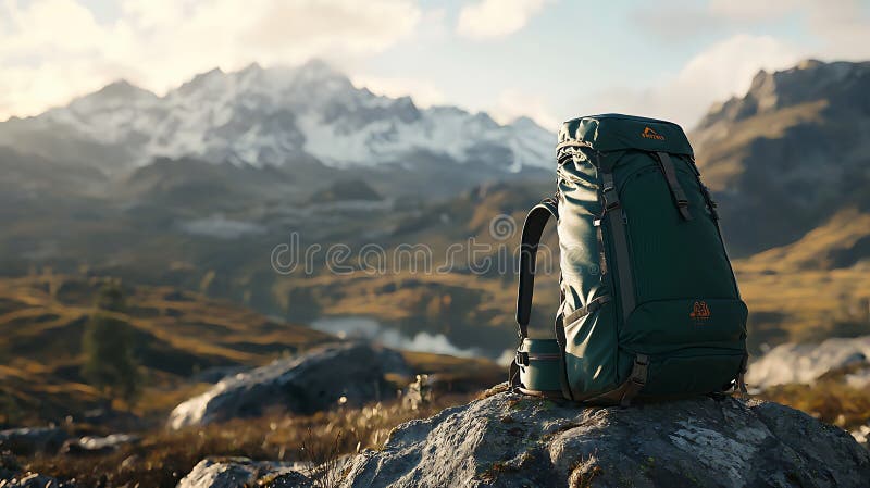 A Green Backpack is Sitting on a Rock in a Mountain Setting Stock ...
