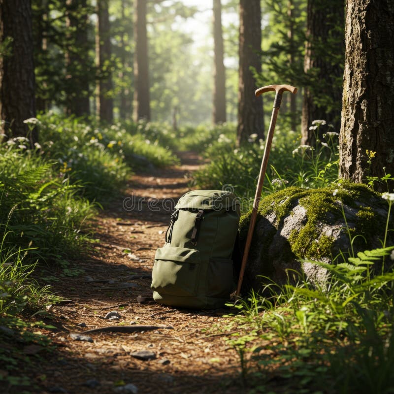 Green Backpack and Walking Stick on Forest Path Stock Illustration ...