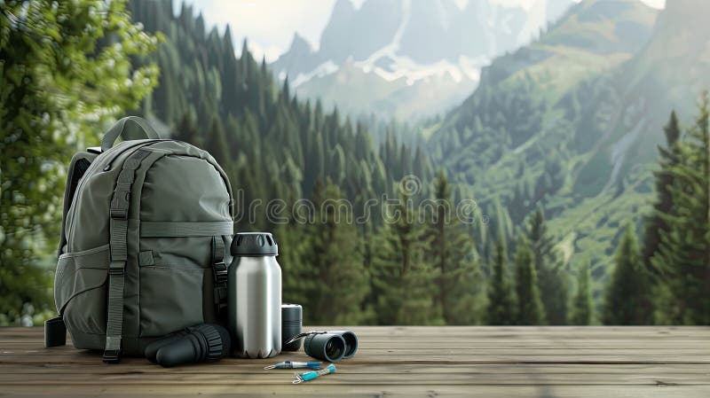 A Green Backpack and a White Hard Hat Sit on a Wooden Table in Front of ...