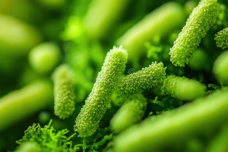 Green Bacteria Microorganisms Under Microscope Showing Cellular ...