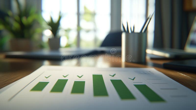 Green Bar Graph Depicts Positive Growth on Desk Stock Illustration ...