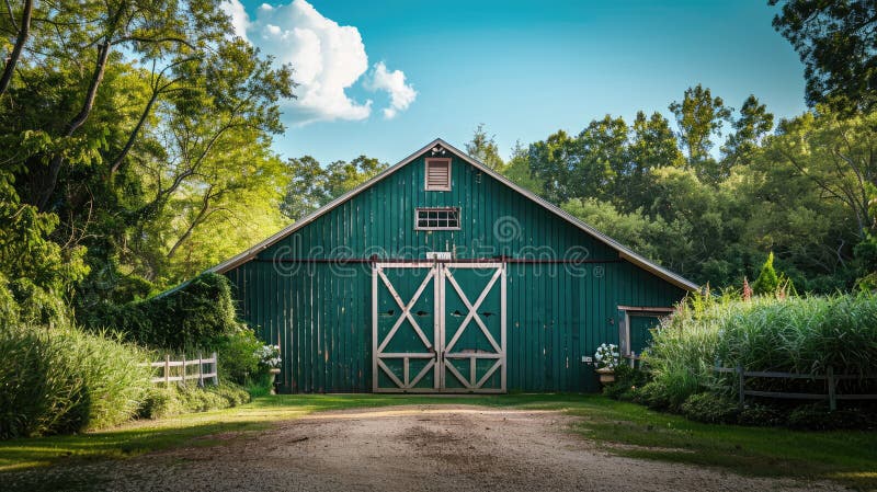 Green Barn on Farm Landscape Stock Illustration - Illustration of rural ...