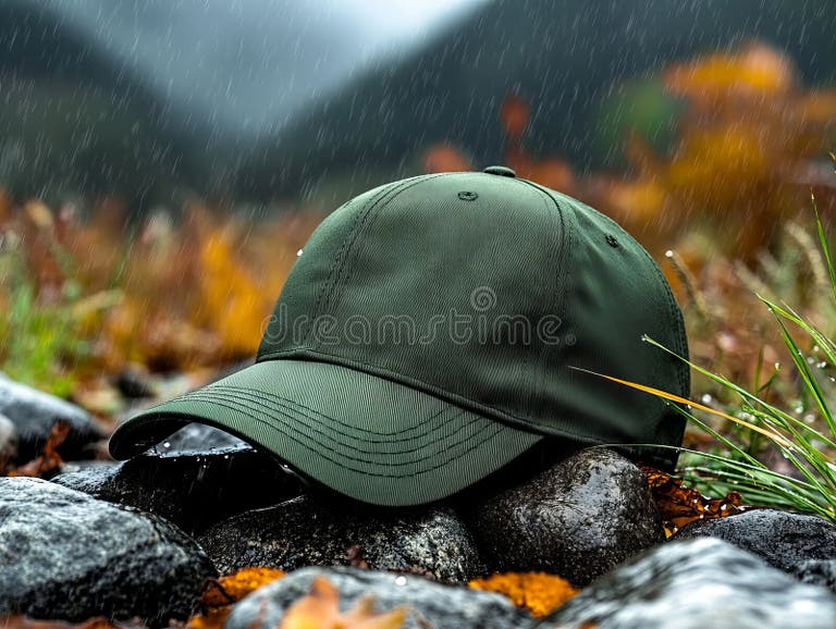 A Green Baseball Cap Sitting on a Rock in the Rain Stock Image - Image ...