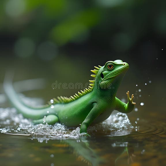 Green Basilisk Lizard Running on Water Surface Stock Image - Image of ...