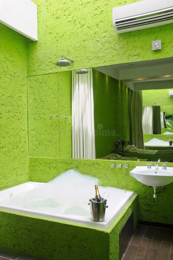 Green Bathroom with Jacuzzi Stock Image - Image of relax, bubbles: 7434751