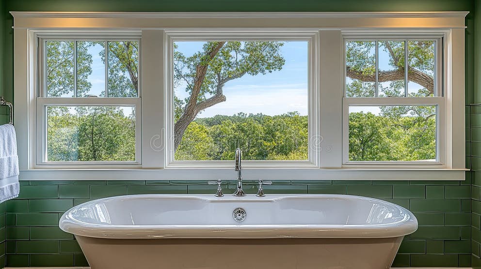 Green Bathroom with Large Windows Overlooking Trees Stock Illustration ...