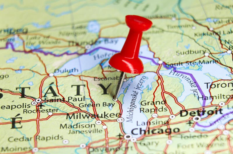 Green Bay, Wisconsin Pin on Map Stock Image - Image of close, road ...