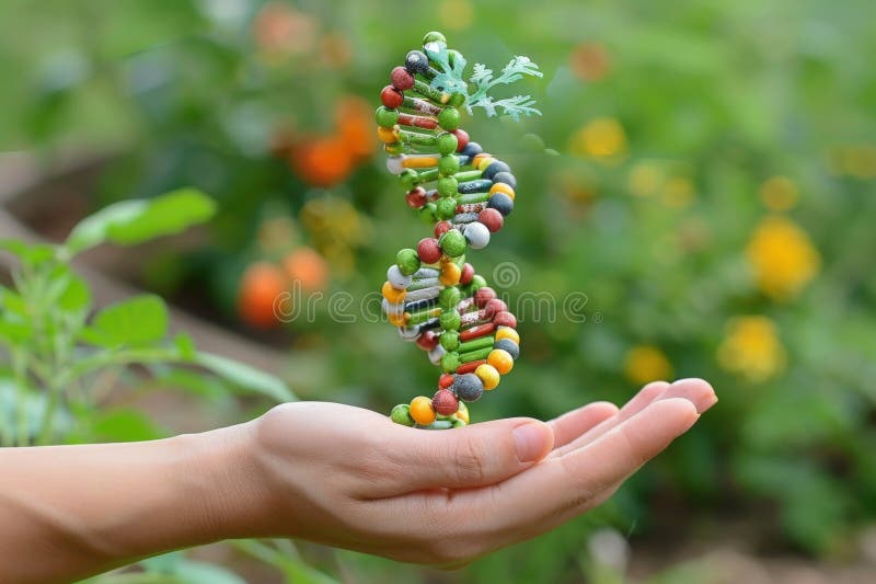 Green Beaded DNA Model Held by Hand in a Natural Garden Setting ...