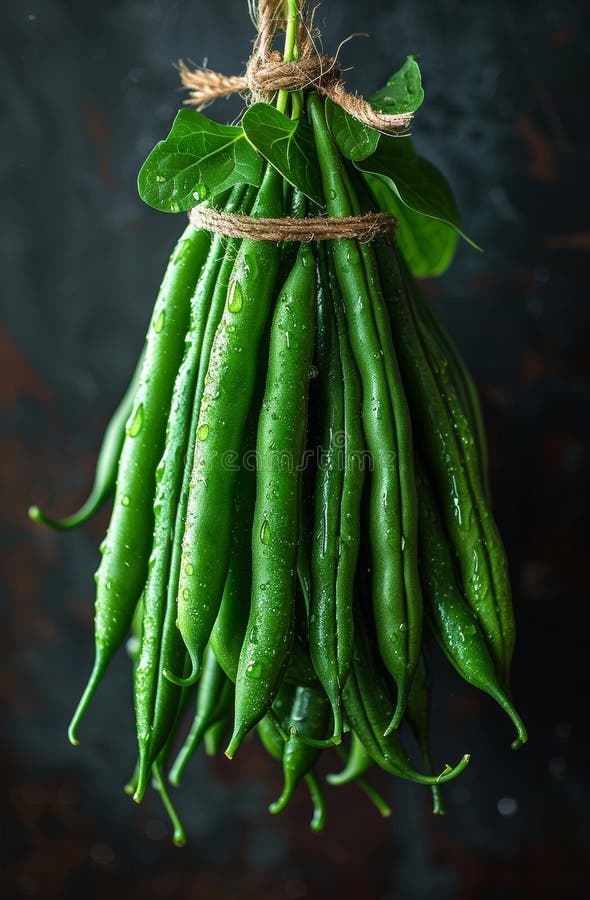 Green Beans or Runner Beans Hanging on Rope with Water Droplets Stock ...