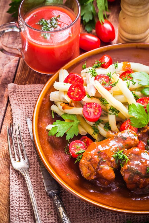 Green Beans Tomatoes Rice Chicken Tomato Sauce Stock Photo - Image of ...