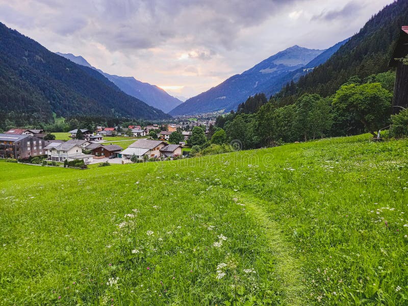 Green Beautiful Austrian Valley in the Evening Stock Image - Image of ...