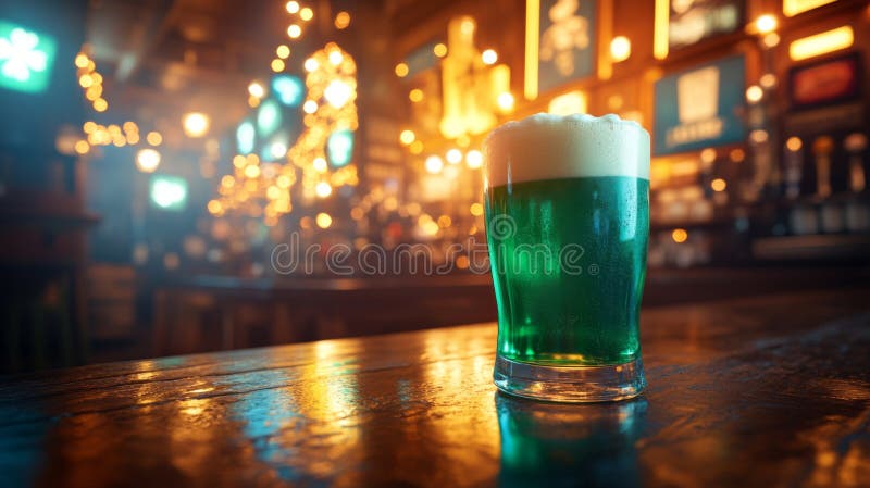 Green Beer on a Pub Counter at Night Stock Illustration - Illustration ...