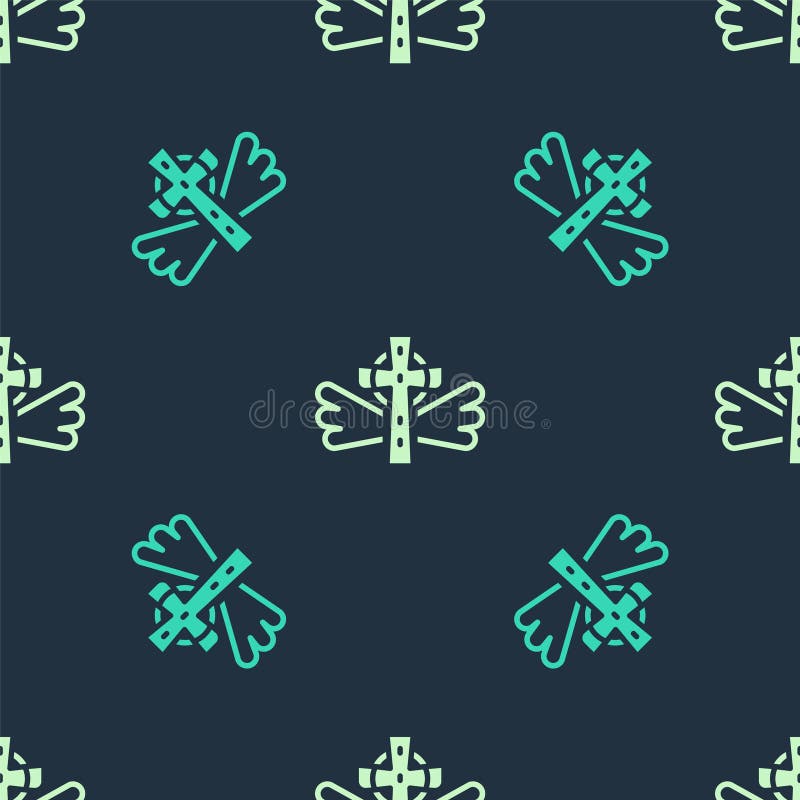 Green And Beige Christian Cross Icon Isolated Seamless Pattern On Blue