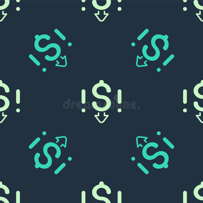 Green and Beige Dollar Rate Decrease Icon Isolated Seamless Pattern on Blue Background. Cost ...