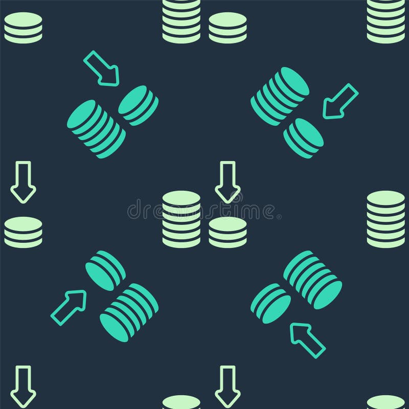 Green and Beige Dollar Rate Decrease Icon Isolated Seamless Pattern on Blue Background. Cost ...
