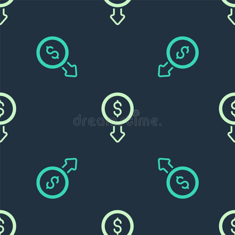 Green and Beige Dollar Rate Decrease Icon Isolated Seamless Pattern on Blue Background. Cost ...