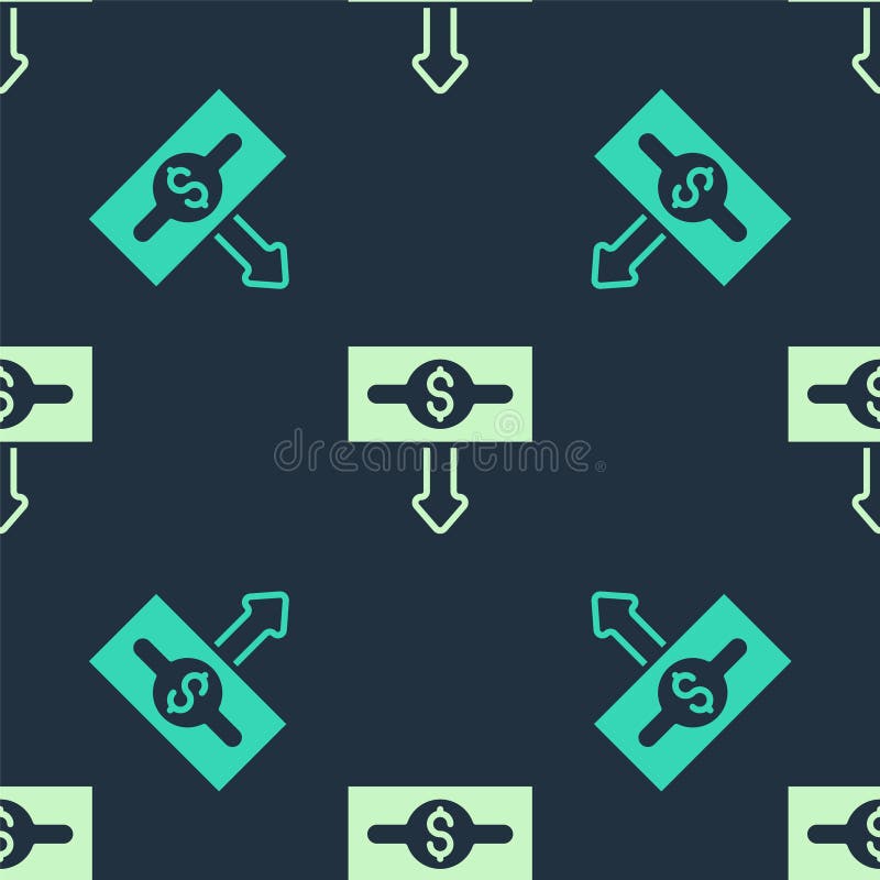 Green and Beige Dollar Rate Decrease Icon Isolated Seamless Pattern on Blue Background. Cost ...