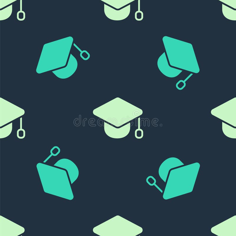 Green and Beige Graduation Cap Icon Isolated Seamless Pattern on Blue ...